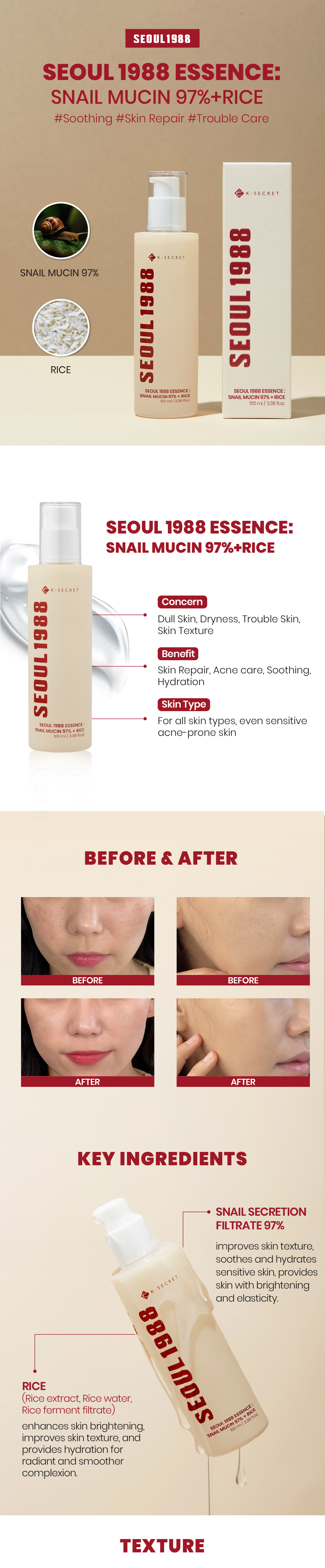 ktown4u.com : [K-SECRET] SEOUL 1988 Essence 100ml : Snail Mucin 97% + Rice